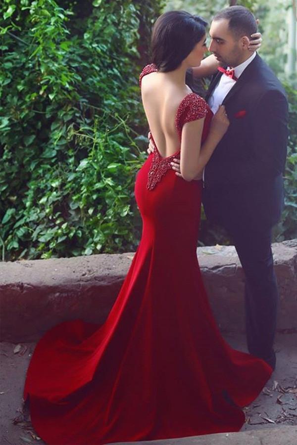 V Neck Cap Sleeves Long Backless Red Mermaid Prom Dress With Beading